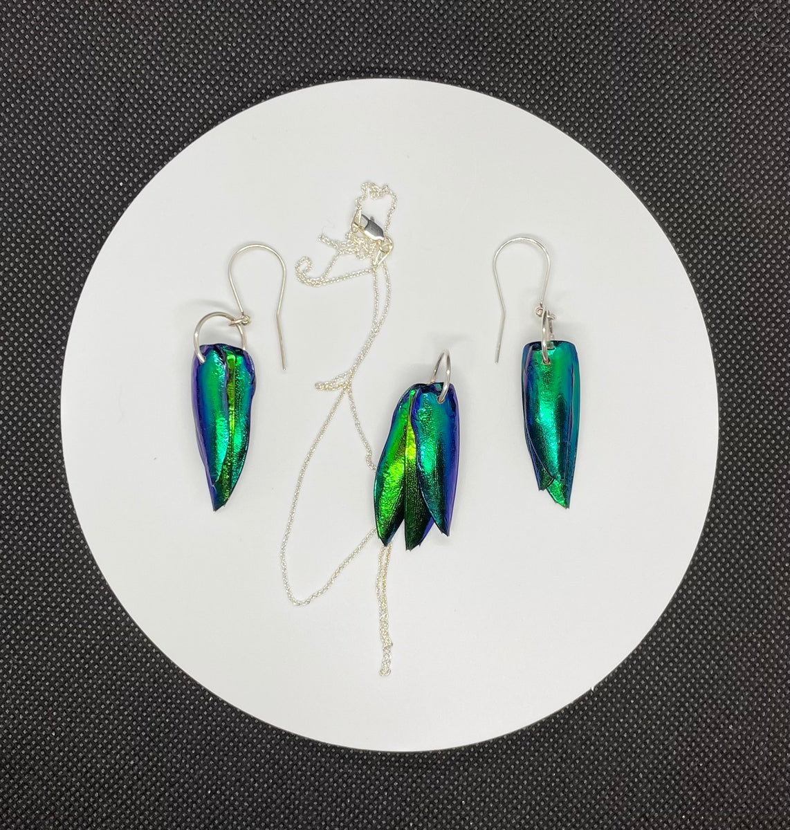 Jewel Beetle Wing Necklace and Earrings set in Sterling Silver ...
